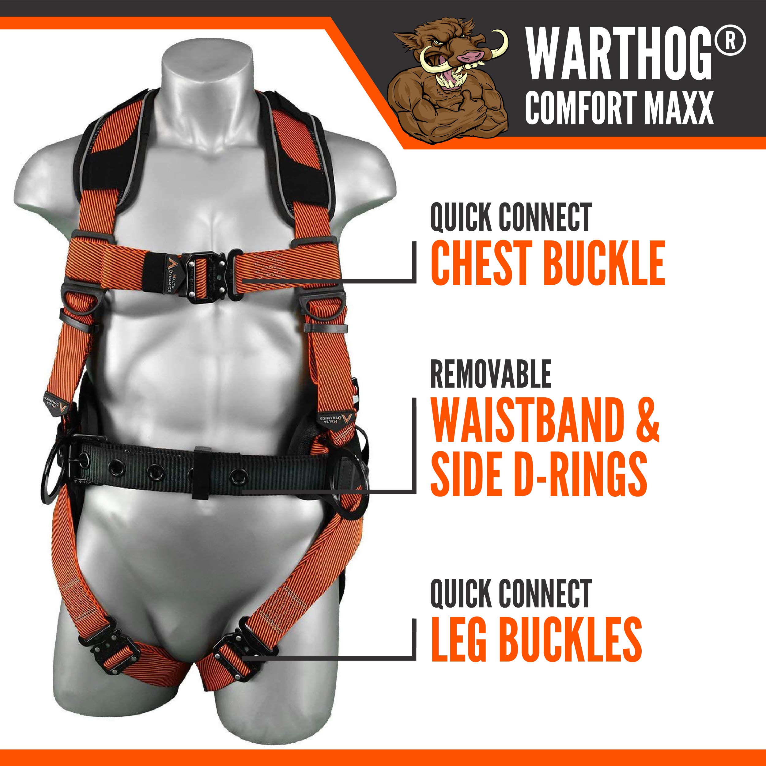 Malta Dynamics Warthog Comfort MAXX Construction Harness with Removable Belt, Side D-Rings and Additional Thick Padding, OSHA/ANSI Compliant, Large-XLarge