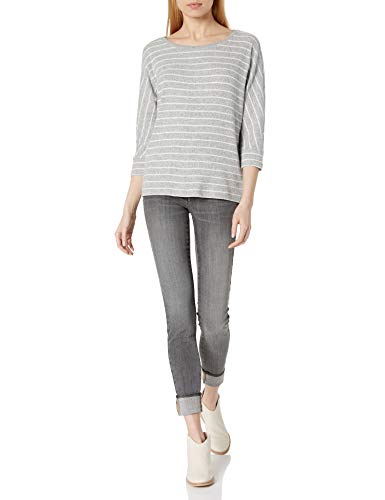 Daily Ritual Women's Cozy Knit Rib Dolman 3/4-Sleeve Sweatshirt, Grey Heather/White, Stripe, Medium