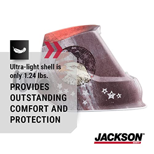 Jackson Safety Premium Auto Darkening Welding Helmet 4/5-13 Shade Range, 1/1/1/1 Optical Clarity, 1/25,000 sec. Response Time, 370 Speed Dial Headgear, Freedom Graphics, Red/White/Blue, 47103