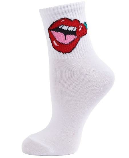 ESOMOON 5 pairs Socks with Lips Mid Calf White Cotton Socks High Ankle Lightweight Breathable Red Kiss Socks Size 6-9