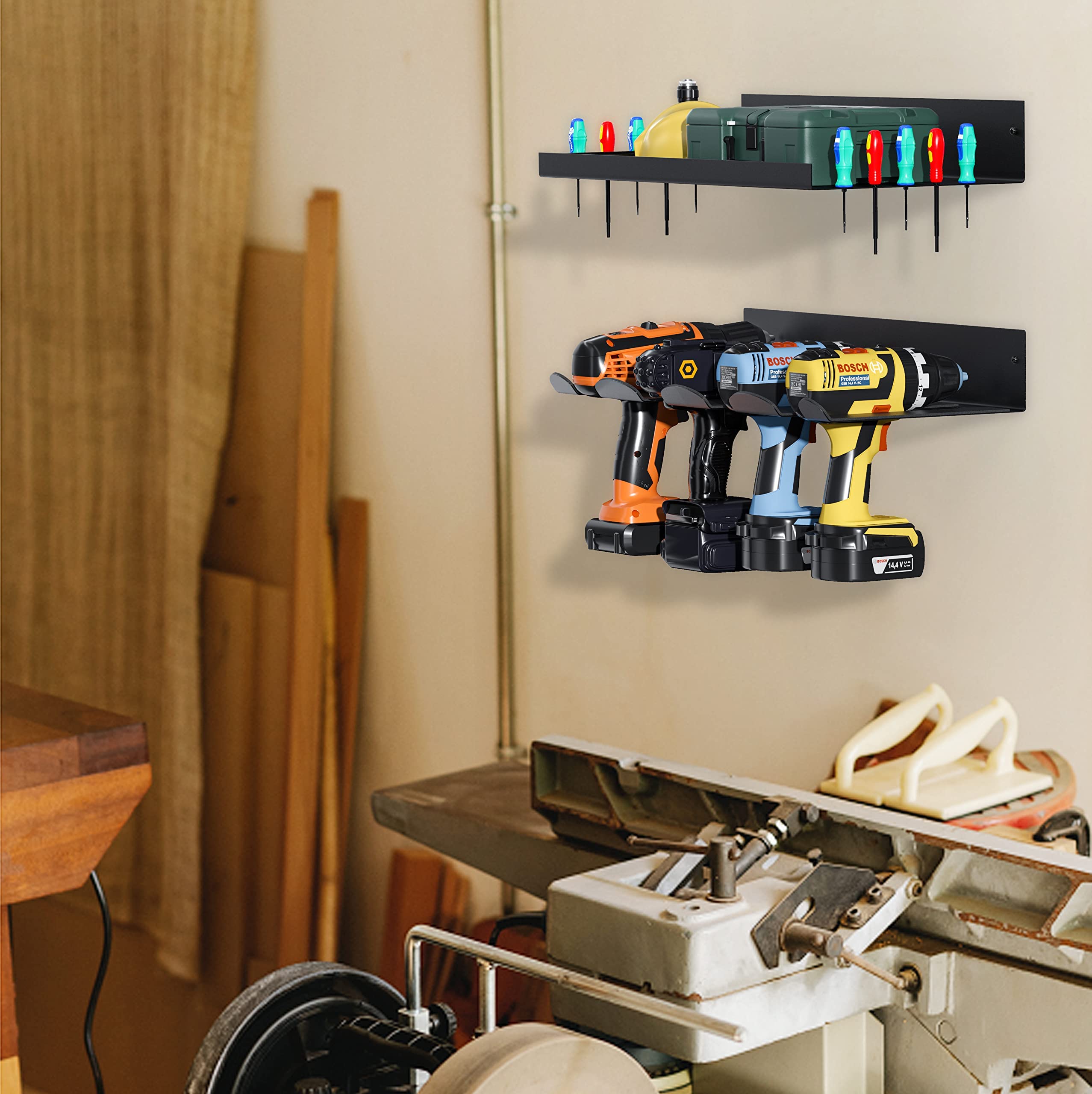 HUFEEOH Power Tool Organizer Wall Mount, Black Stainless Steel Garage Floating Shelves Storage Shelves, Heavy Duty Drill Holder for Cordless Drill Charging Station Screwdriver
