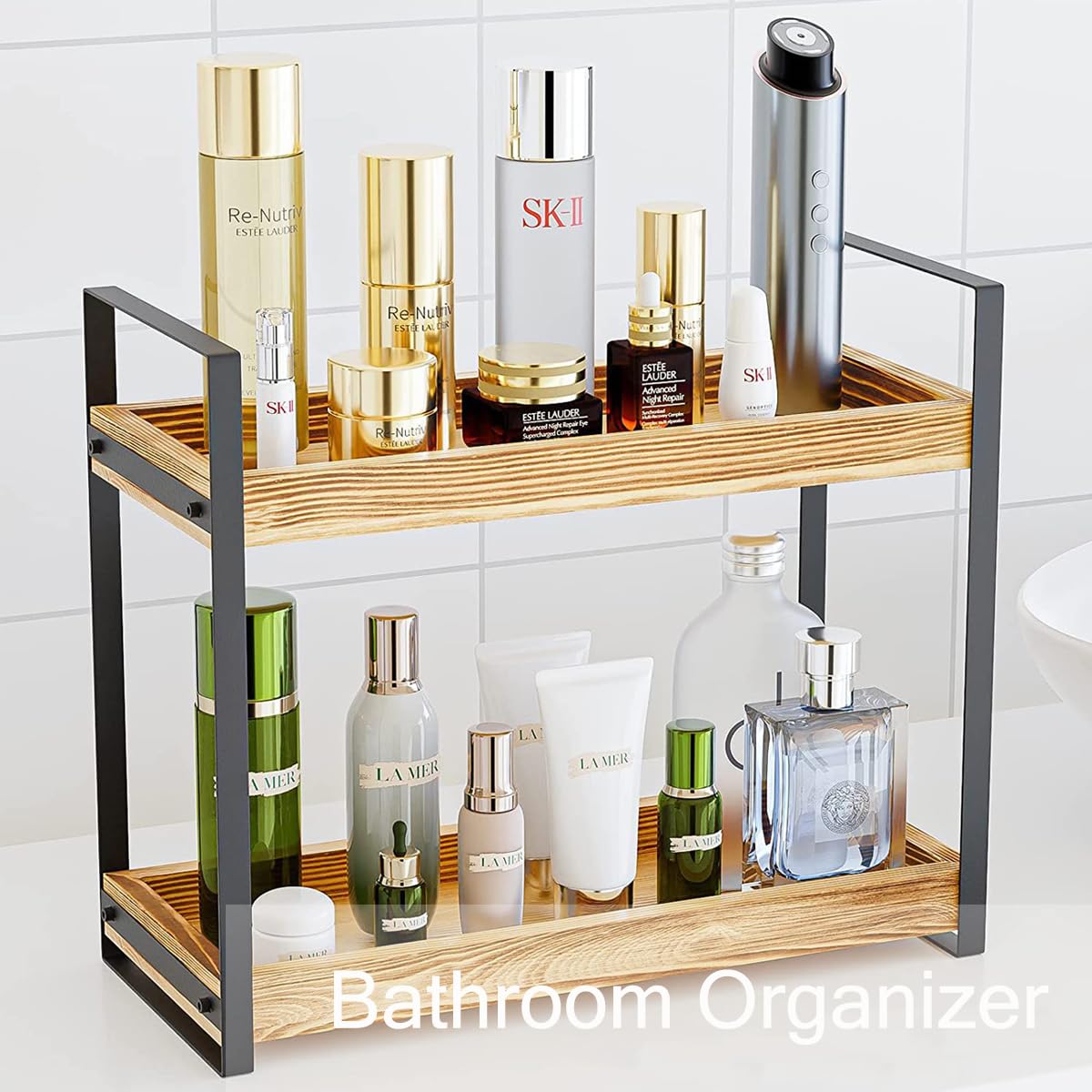 MOKIUER 2-Tier Bathroom Organizer Countertop Wood Bathroom Counter Organizer Shelf Skincare Organizers Cosmetic Storage, Standing Vanity Organizer Vanity Tray for Bathroom Kitchen Organization