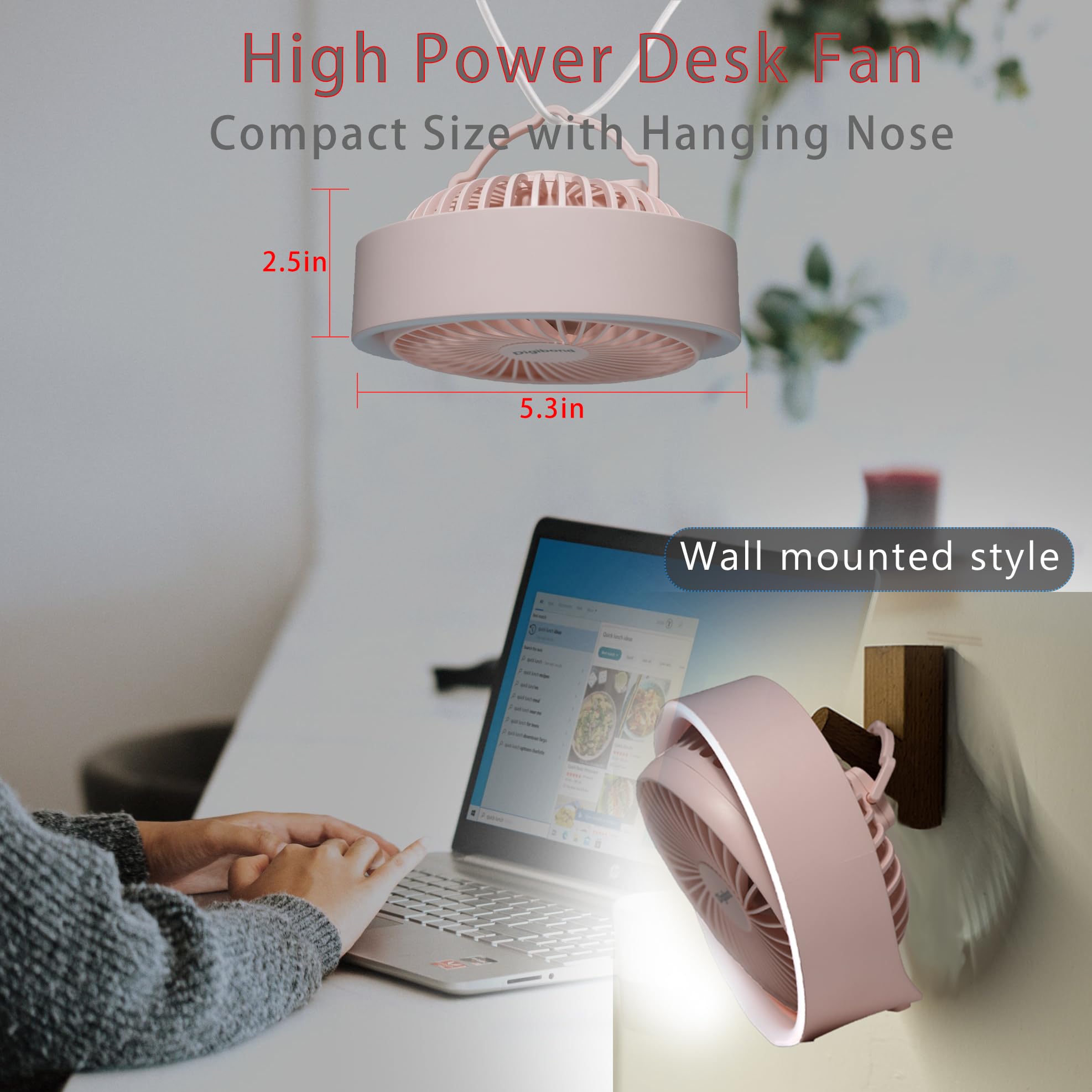 Digibond Pink Desk Fans Small Quiet with Ambient Light/Hook Portable USB Fan 5.3in High Power 3000mAH Rechargeable Battery Operate 3 Speed 180°Rotated Easy Clean