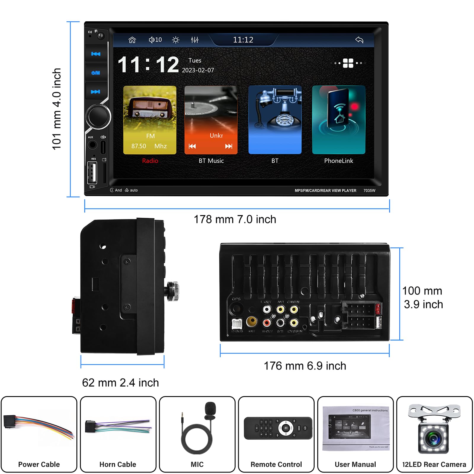 Double Din Car Stereo with Wireless Apple Carplay&Android Auto,7 Inch Touch Screen Car Radio with Bluetooth FM Radio Mirror Link EQ AUX/USB/TF Car Multimedia Player+ Backup Camera&External Microphone