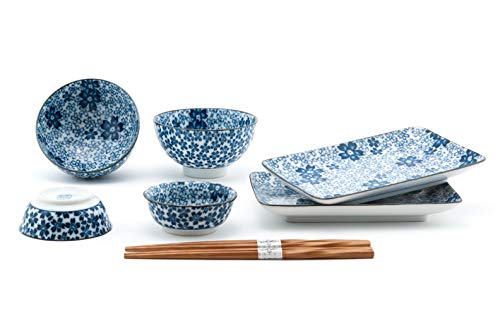 Fuji Merchandise Nippon Blue Sakura Cherry Blossoms Sushi Dinnerware 6pc Set for Two Including Plate Sauce Bowls and Rice Bowl with Chopsticks Made in Japan