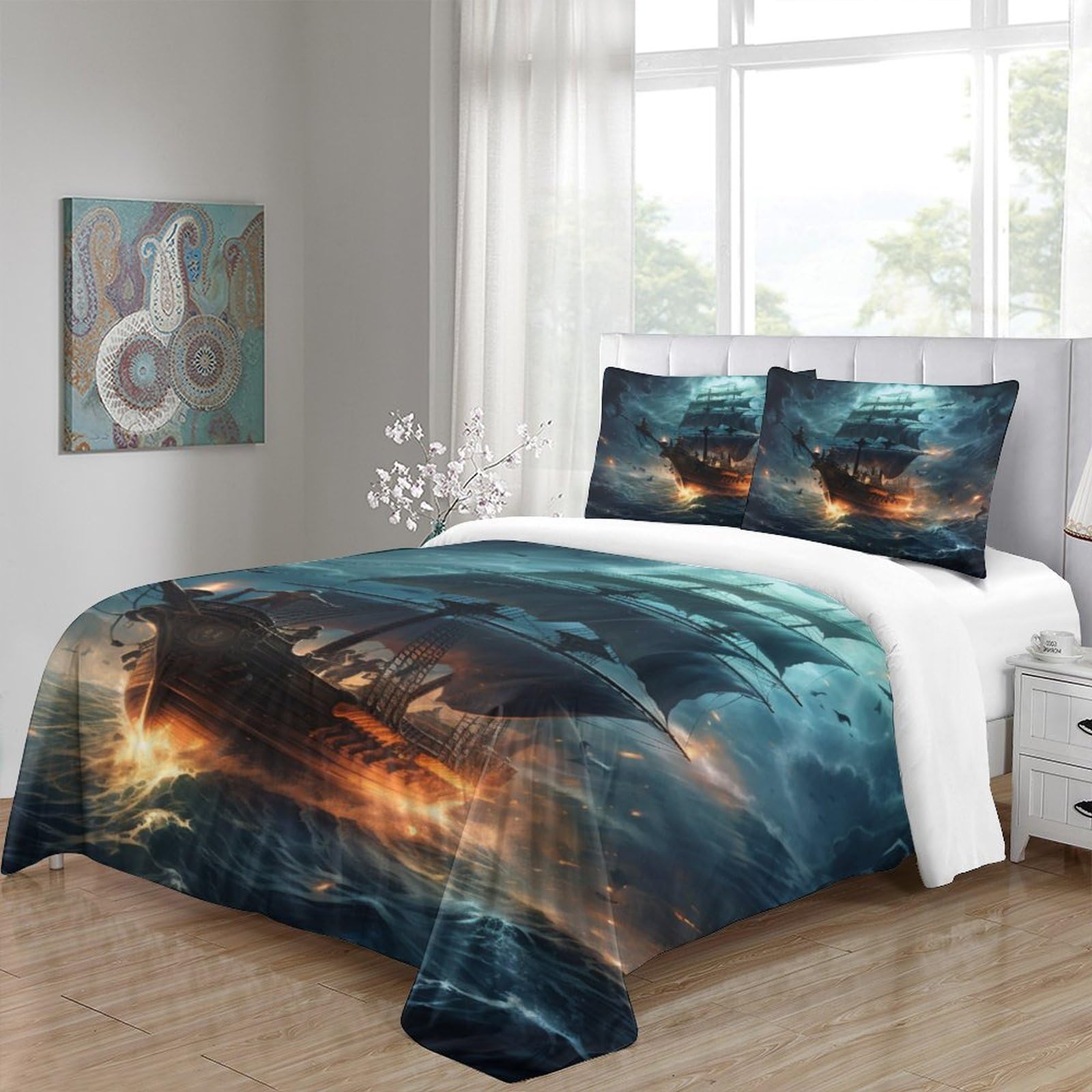 ERGTT Pirate Ship for Boys Girls Duvet Cover 3D Print Ship Quilt Cover Comforter Covers Bedding Set with Pillow Cases with Zipper Closure Soft Microfiber 3 Pieces Full(203x228cm), Style-8