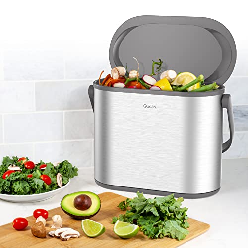 QUALIAZERO Multi-Purpose Countertop Compost Bin | 4L / 1 Gal Stainless Steel Slim Shape | Trash Can with Gray Lid | 1PC (4L / 1 Gal, Gray)