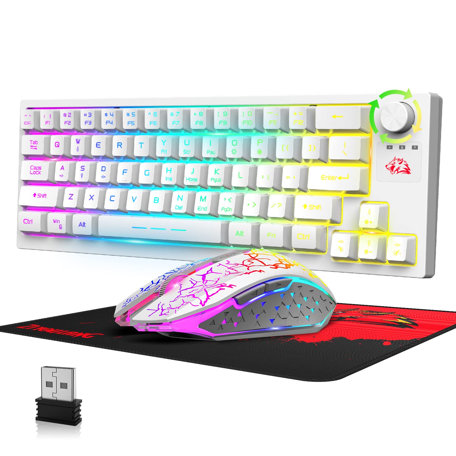 FELICON Small Double Color Keyboard and Mouse Combo, Rechargeable RGB Backlit 64 Key TKL Mechanical Keyboard and Crack Backlight Mouse, Mouse Pad for PC, MAC, Gamer