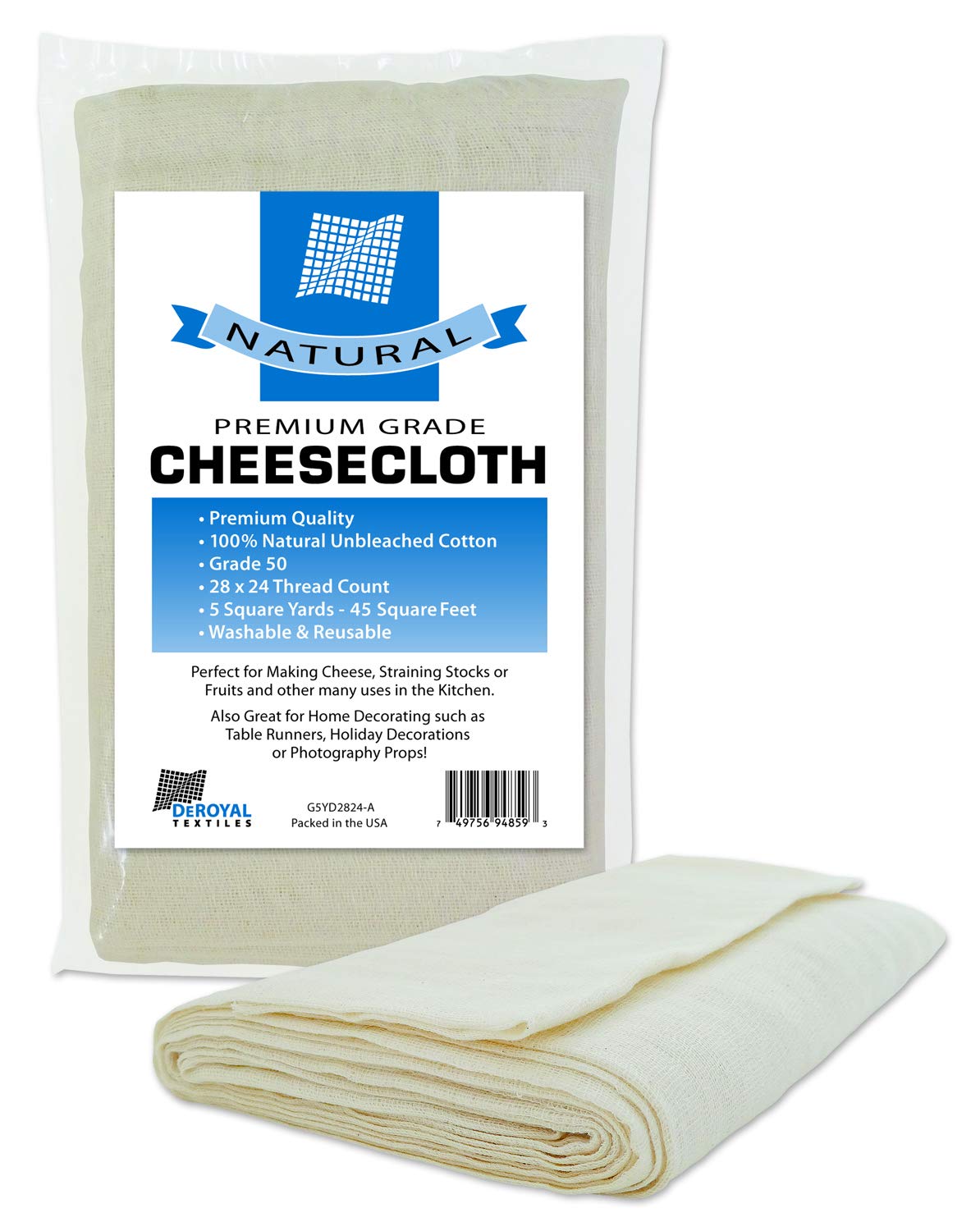 DeRoyal Natural Cheesecloth for Cooking, Straining and Basting, Reusable, Grade 50, 100% Unbleached Cotton, 28x24 Medium Mesh, 5 Yards