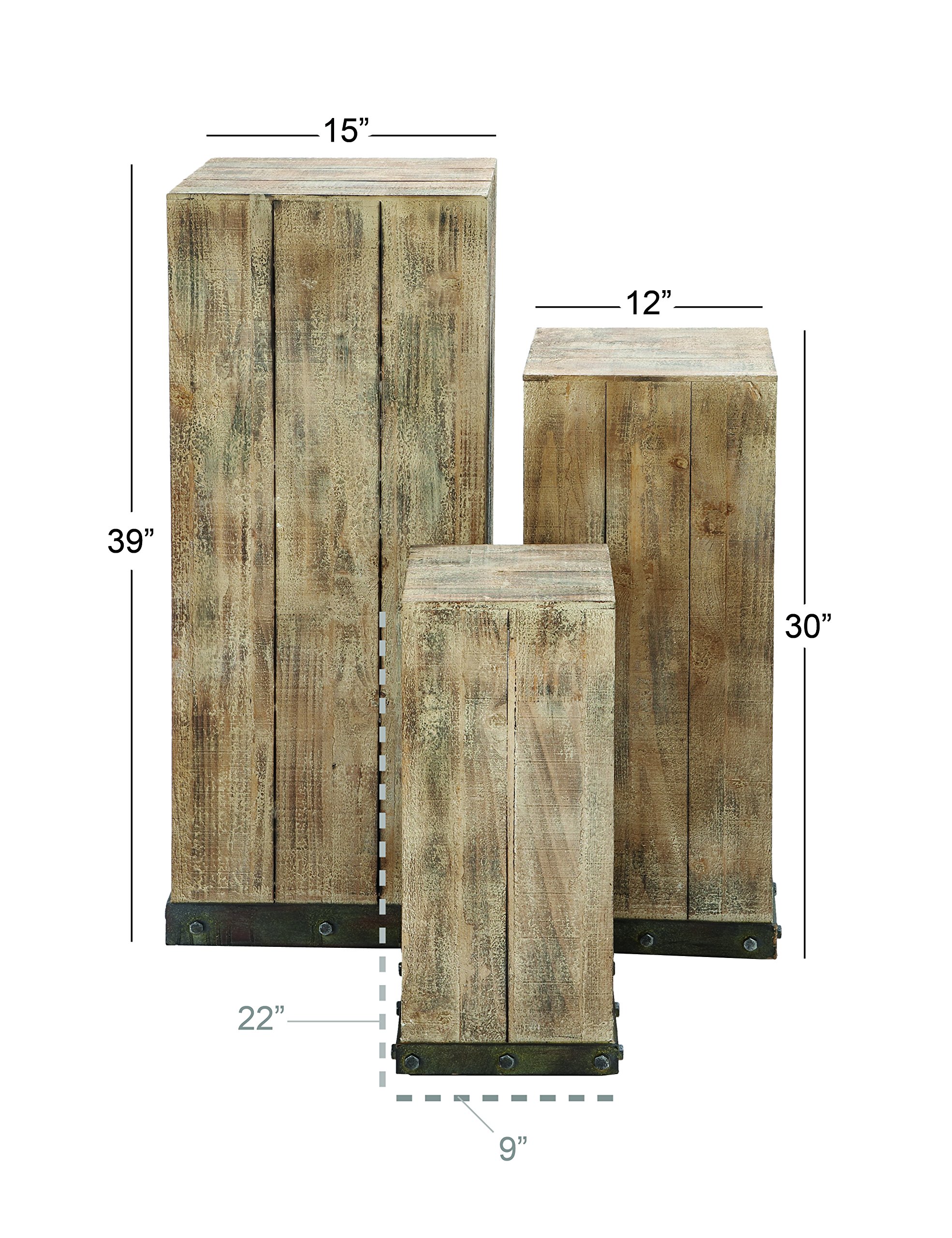 Deco 79 Rustic Wood Square Pedestal Table, Set of 3 39", 30", 22"H, Brown