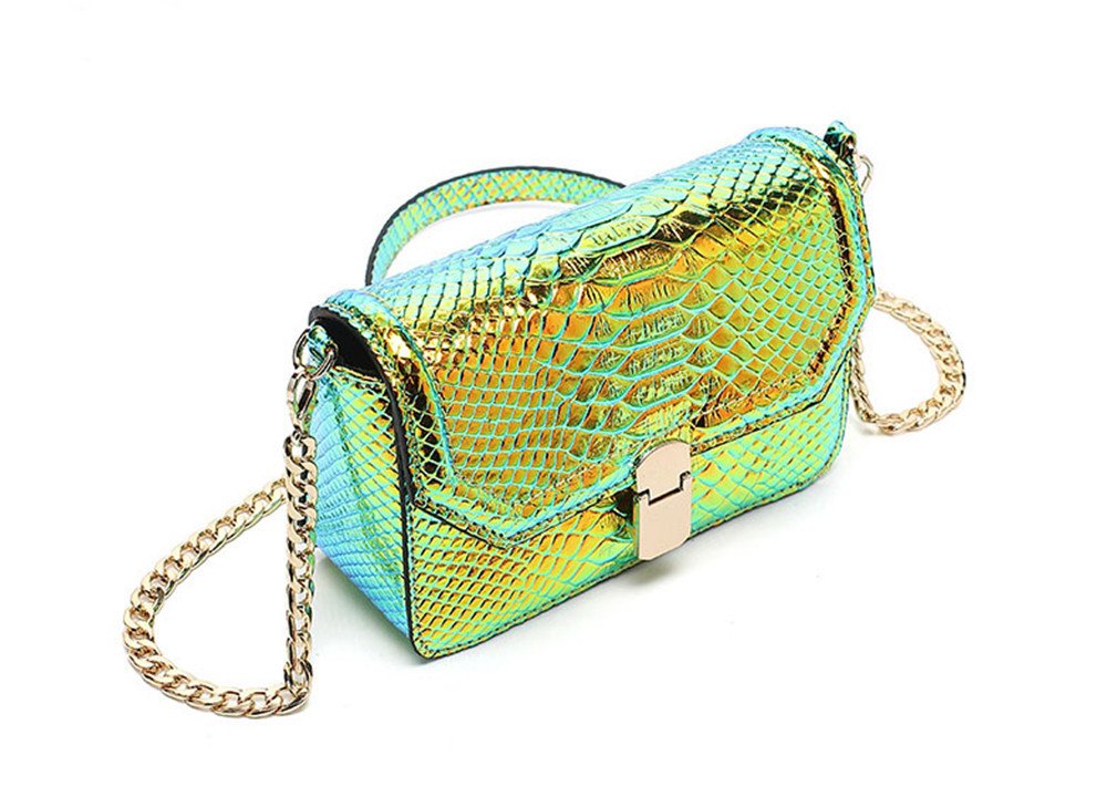 Yair Yangtz Holographic Snakeskin Crossbody Bag Shoulder Bag Women's Hologram Leather Purse (S Green)