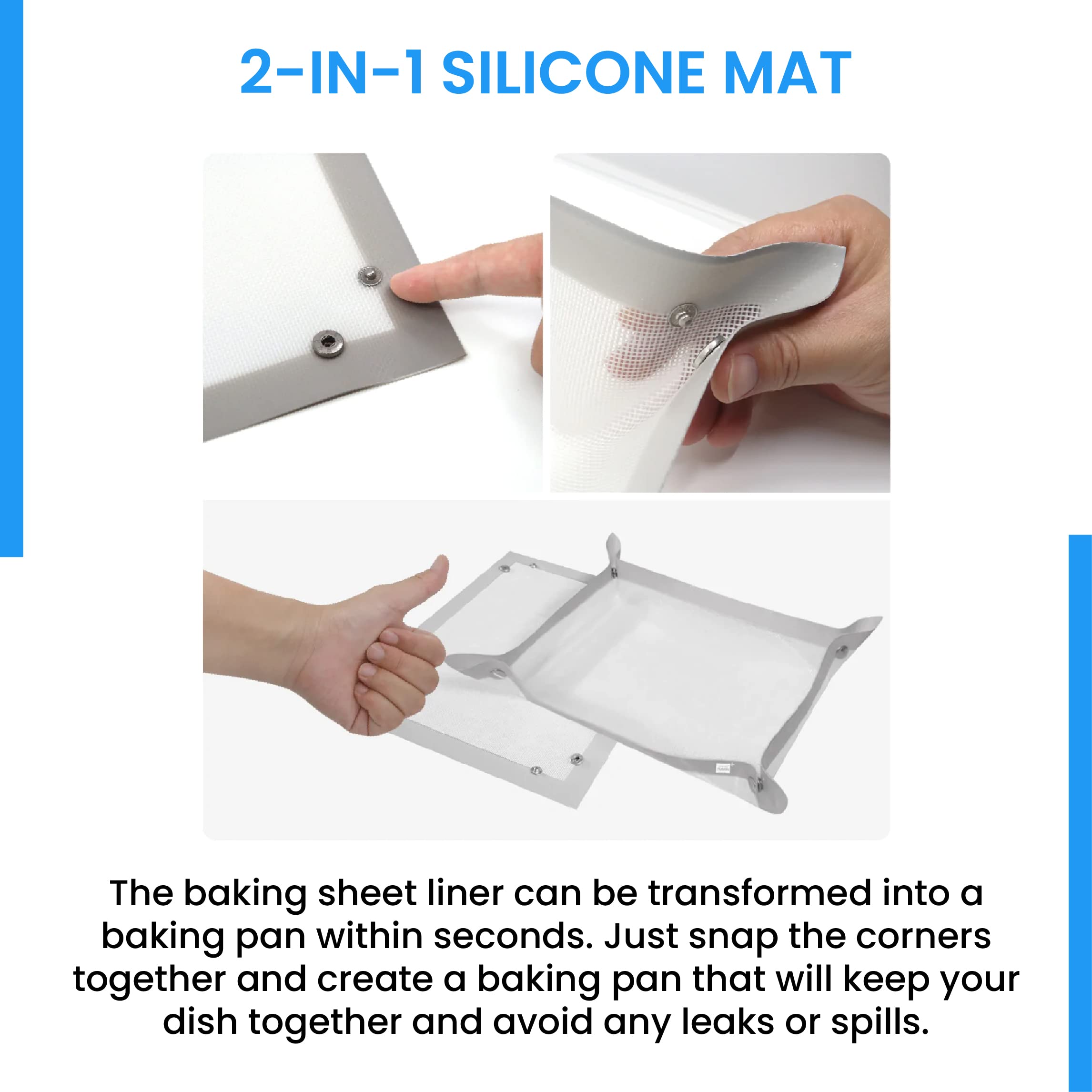 Grand Fusion 2 in 1 Silicone Baking Mat, Corner Clip for Leak Proof Baking Pan or Unclip for Flat Baking Sheet Liner, 11.8 x 15.75 in. BPA-Free and Non-Stick. Chef's Essentials. Pack of 1