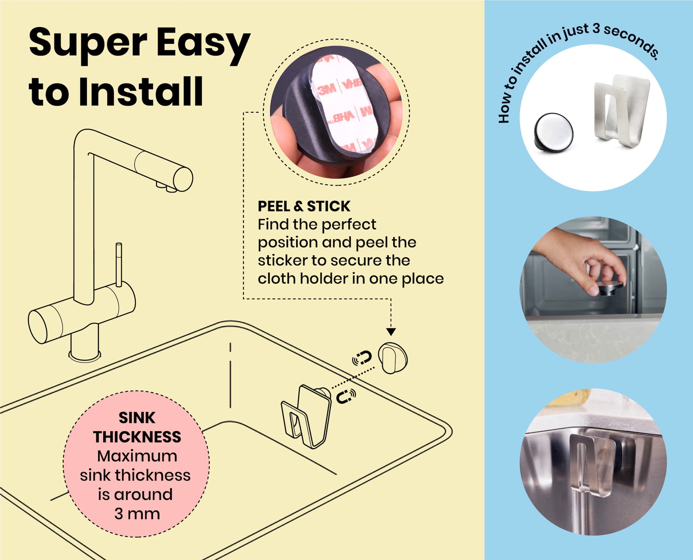 Happy Sinks Magnetic Sponge Holder for Kitchen Sink - Suitable for Steel - Metal - Composite Sinks - Strong Magnetic Backing - Durable and Sustainable Solution - Sink Caddy Sponge Holder - (Steel)