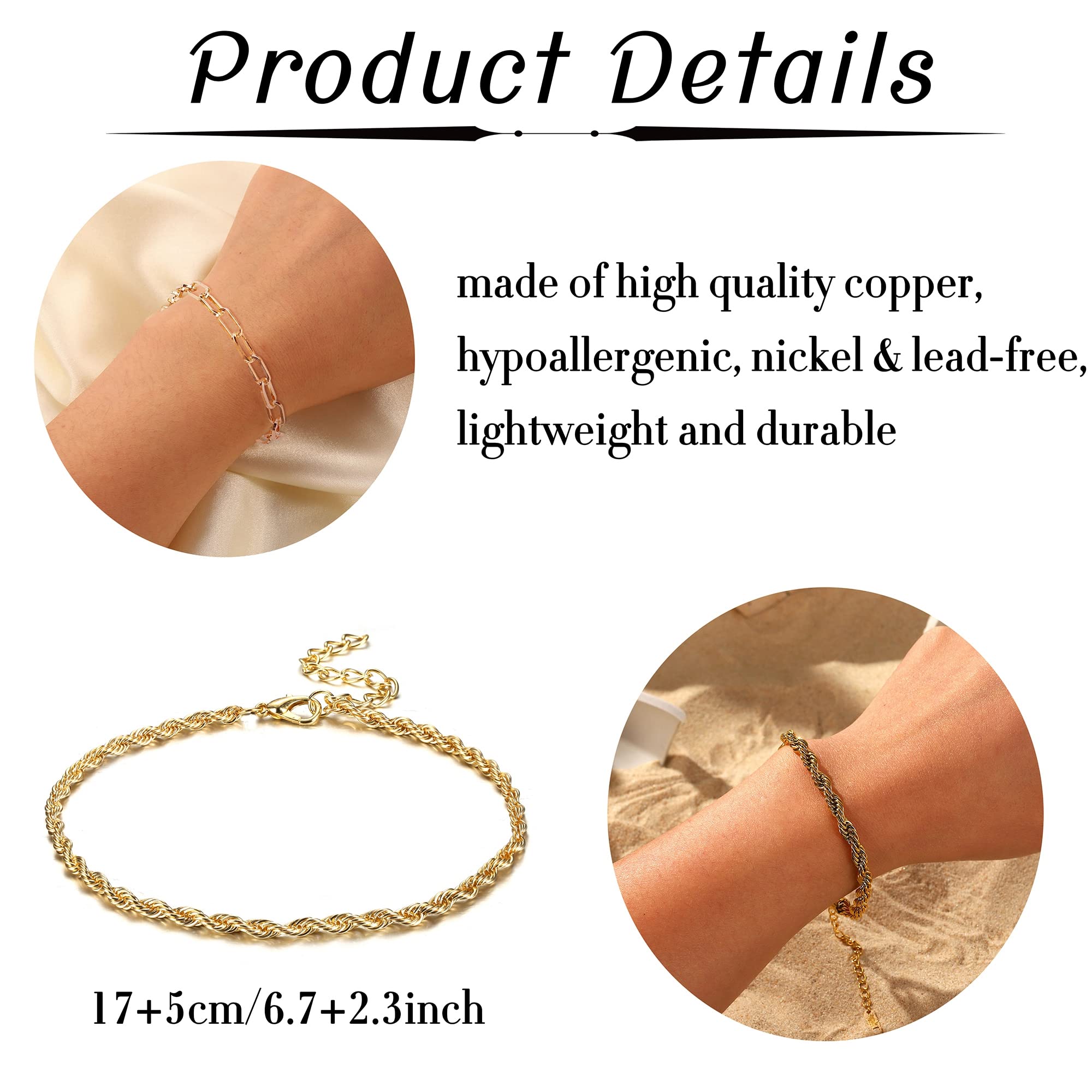 FINREZIO 6PCS Gold Chain Bracelet for Women Paperclip Link Beaded Cuban Bracelet Chunky Cable Chain Bracelet Adjustable Layered Stackable Bracelets Jewelry Style B