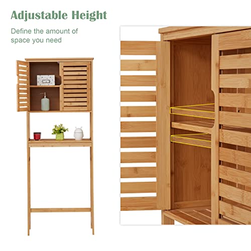 Sangsan Bamboo Freestanding Storage Organizer, Over The Toilet Cabinet Rack with Shelves and Hooks, Multifunctional Kitchen Storage Rack Space Saver for Bathroom, Laundry, Natural