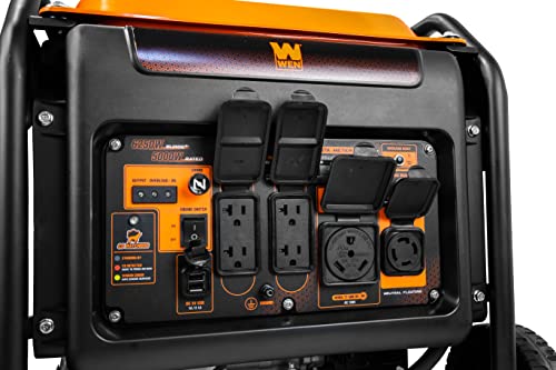 WEN GN625iX 6250-Watt RV and Transfer-Switch-Ready 120V/240V Open Frame Inverter Generator with CO Shutdown Sensor and Wheel Kit, Black/Orange