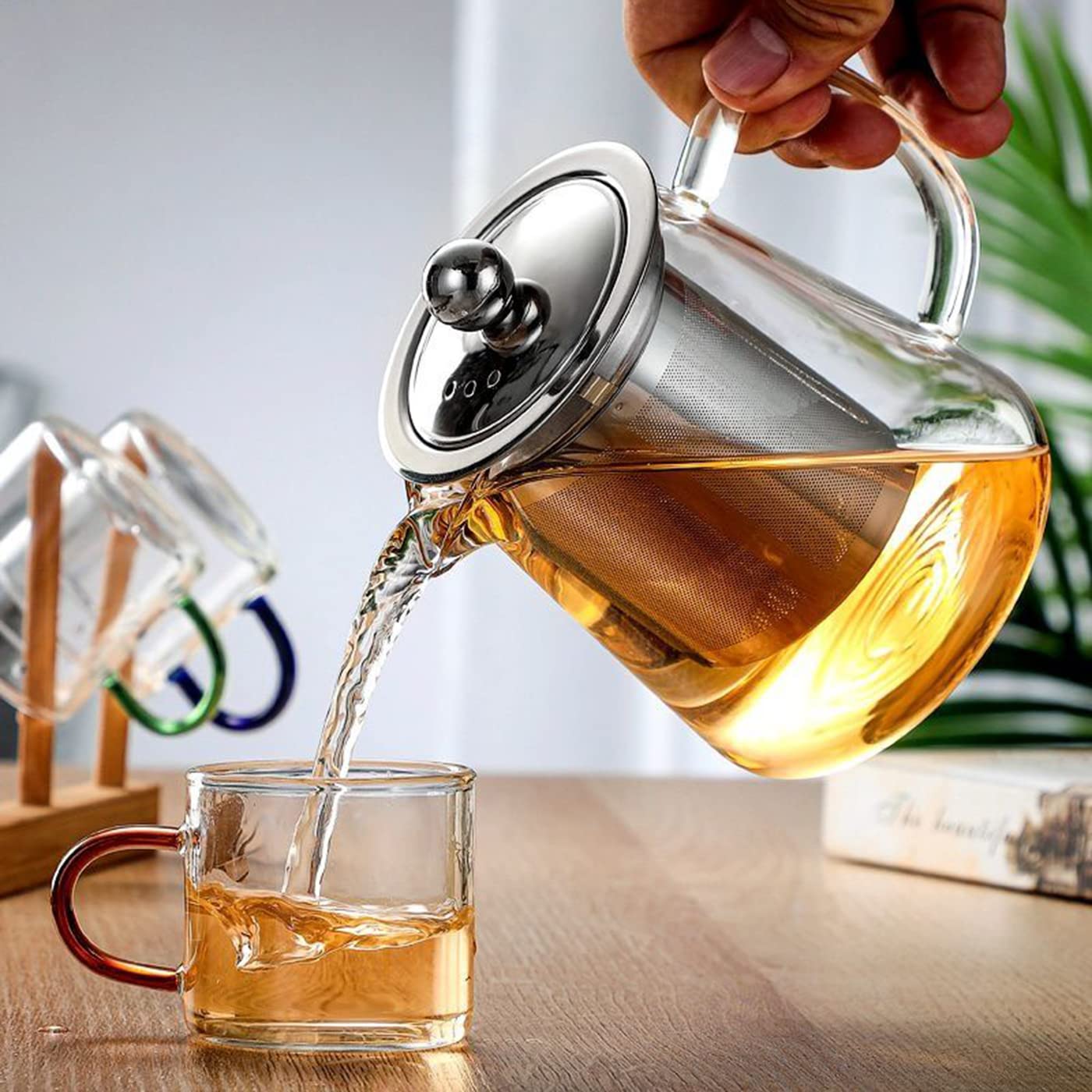 Glass Teapot with Removable Stainless Steel Infuser, Borosilicate Glass Tea Pot with Strainer,for Blooming Tea & Loose Leaf Tea, Microwave & Stovetop Safe(19oz )