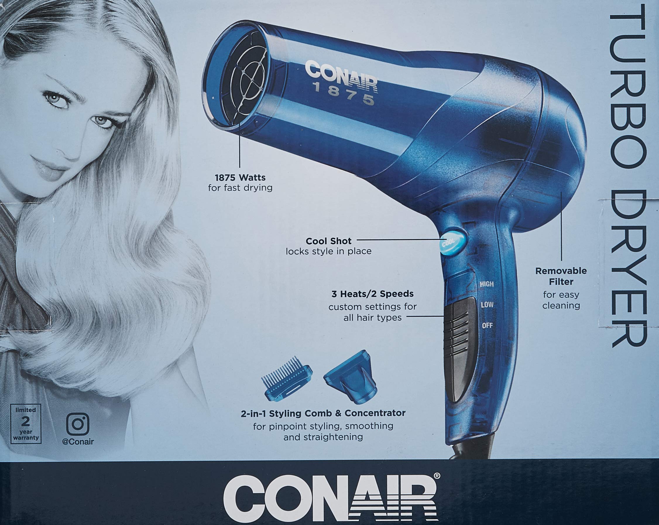 Conair 1875 Watt Translucent Turbo Hair Dryer, Blue