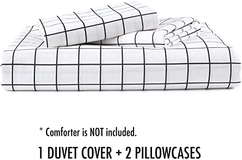 Nanko Queen Duvet Cover Set Grid, 90x90 Soft Bedding Cover, Luxury Cool Lightweight Microfiber 3pc Set (1 Cover 2 Pillowcase) with Zip, Tie - Modern Style Bed Quilt Cover for Decor, Plaid White