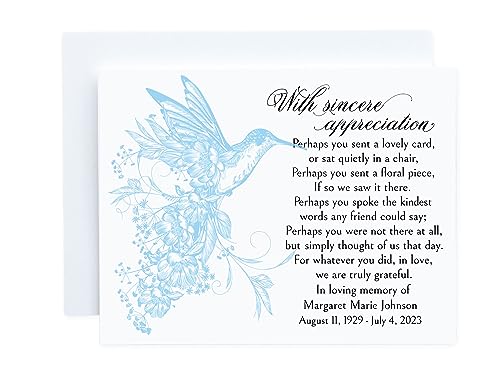 Hummingbird Personalized Sympathy Thank You Notes, Choose Your Quantity, Blue Thank You Cards Sympathy Acknowledgement with Hummingbirds, Bereavement Thank You Card with Envelopes, After Funeral Card