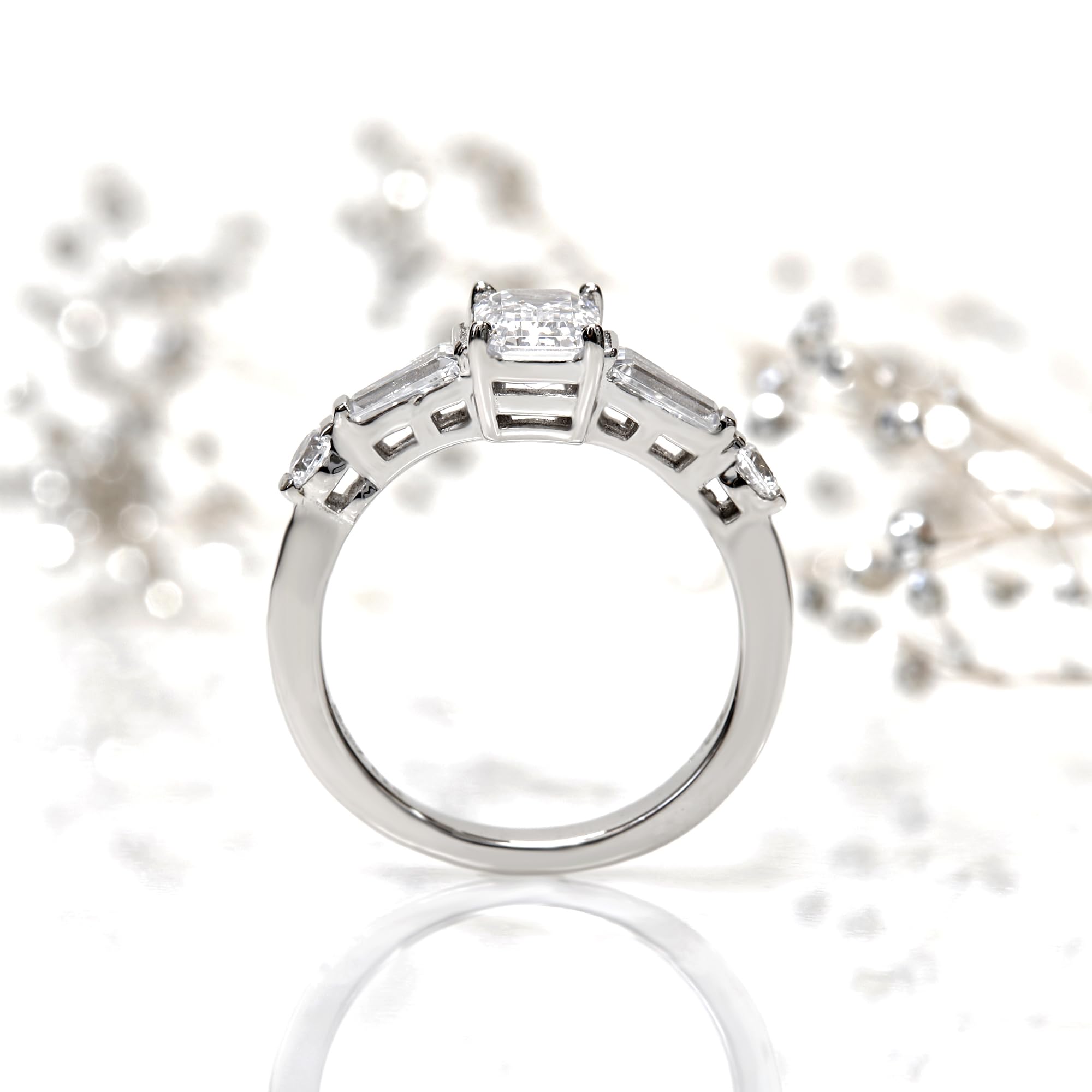 DoubleAccent Platinum Plated Sterling Silver Ring 1 CT Emerald Cut CZ Stone with Baguette Wedding Engagement Ring (Size 5 to 9), 6