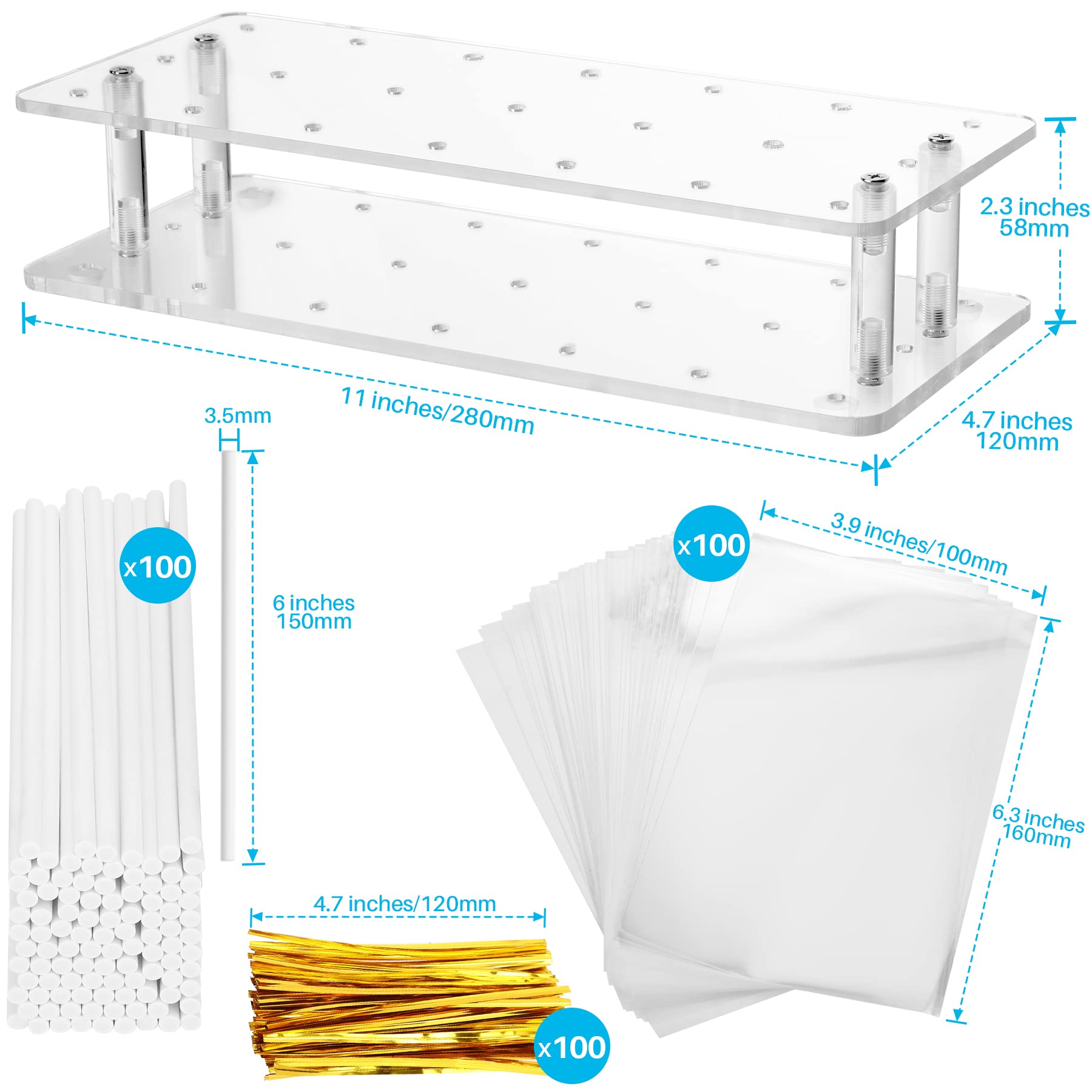 Goabroa Cake Pop Display Stand with 100 PCS Cake Pop Sticks and 100 PCS Wrappers Kit, 21 Holders Clear Acrylic Cakepop Making Accessories for Weddings Baby Showers Halloween