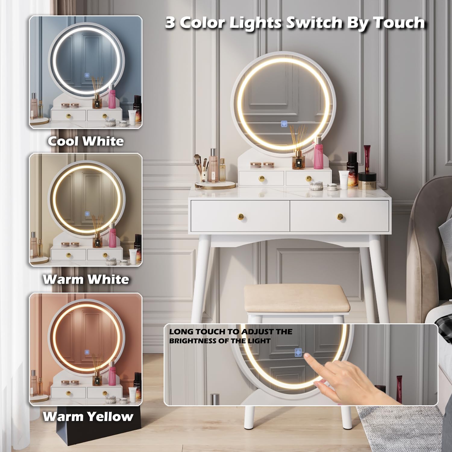JUMMICO Makeup Vanity Desk with Round Mirror and Lights, Vanity Table Makeup Desk 4 Storage Drawers 3 Adjustable Colors LED Lights Matched Soft Cushioned Stool for Girls Bedroom (White) β¦