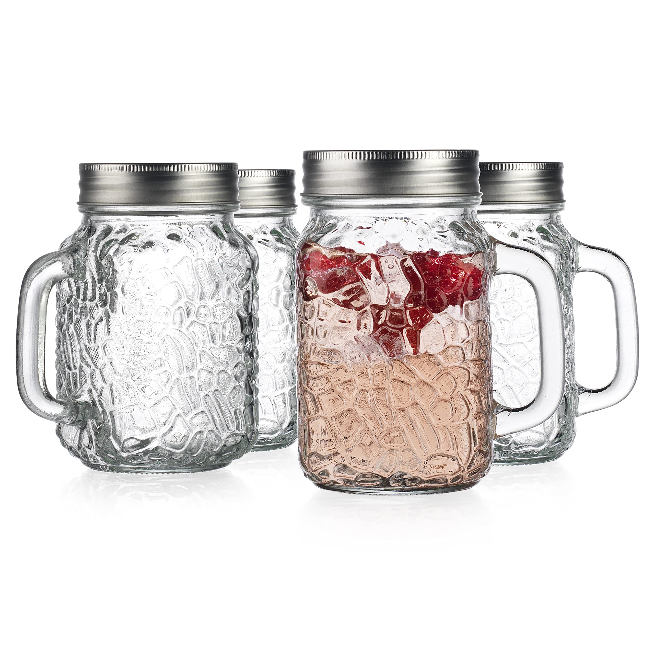 Glaver's Mason Jar Cups 16Oz β Set of 4 Mason Jars with Lids and Handles β Hammered Style Large Mason Cups for Parties, Dinner, Home, Lemonade, Smoothies, Cocktails, Drinks - Dishwasher Safe.