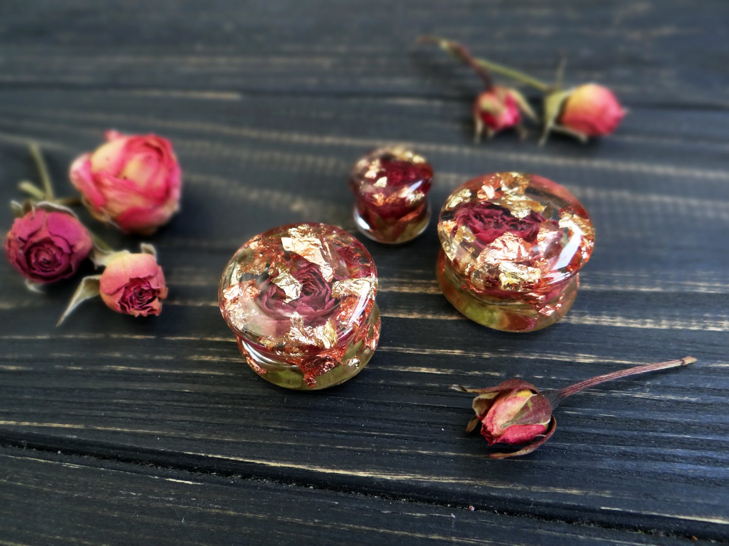 Eternity31 Red Rose Plug Gold foil Gauge Wedding Plug Bridal Resin Flower Jewelry Terrarium Rose 25mm / 1" / Pair