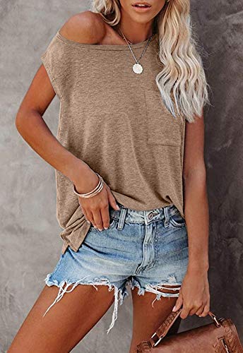 MIROL Women's Sleeveless Tank Tops Basic Loose Tunic T Shirts Batwing Sleeve Solid Color Casual Tee with Pocket Khaki