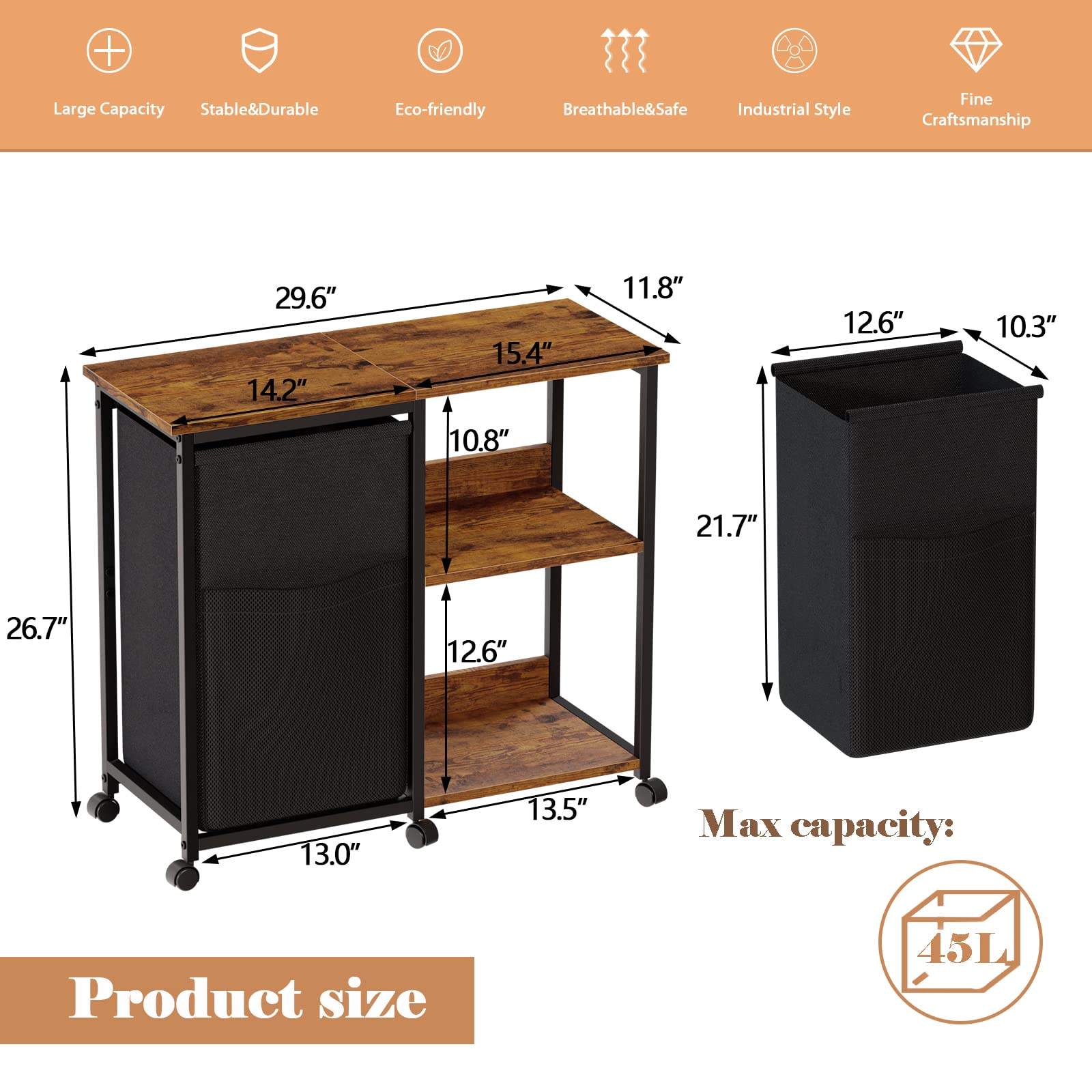 Furnulem Rolling Laundry Hamper with Wood Shelves, Lid & Wheels, Clothes Basket Hamper Organizer for Bathroom, Bedroom, Laundry Room