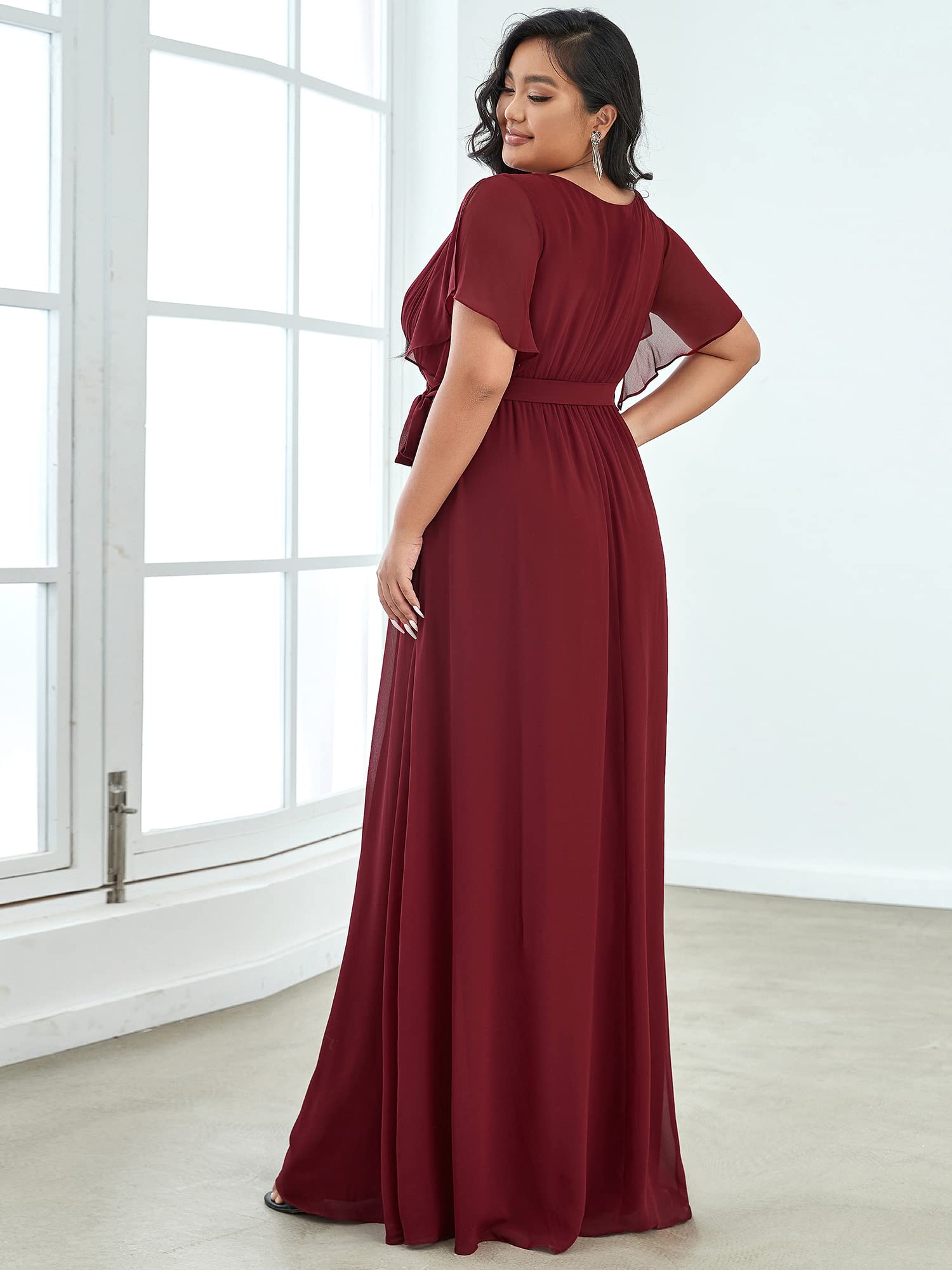 Ever-Pretty Plus Women's V-Neck A-Line Ruched Bust Ruffle Sleeves Plus Size Maxi Formal Evening Gown Burgundy US20