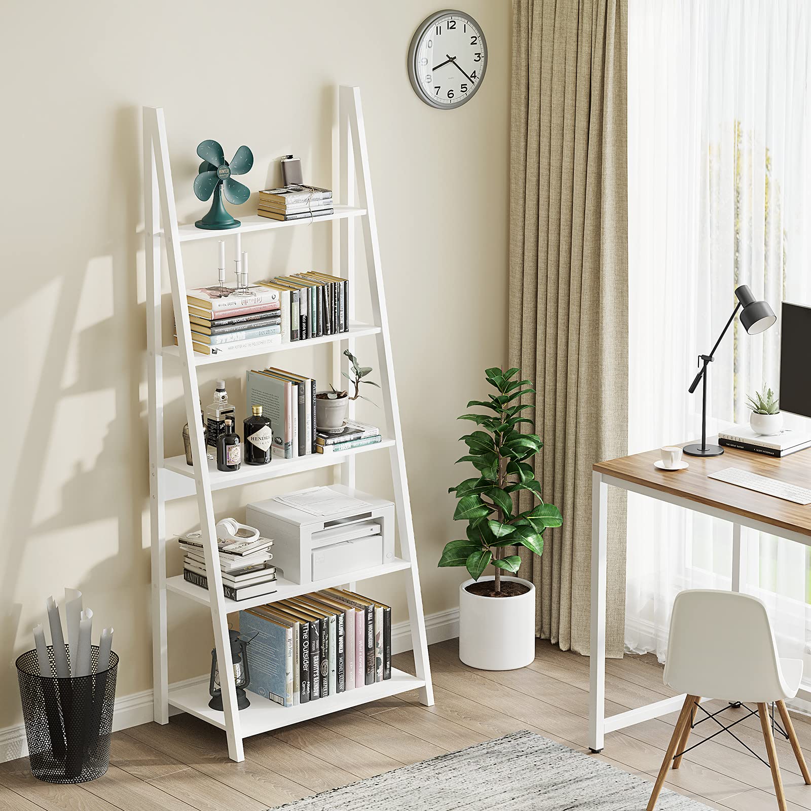 EPHEX 5-Tier Ladder Shelf Bookcase, Leaning Bookshelf, Wooden Frame Decor Modern Bookshelf Storage, Flower Shelf Plant Display Shelf for Home Office (Brown)