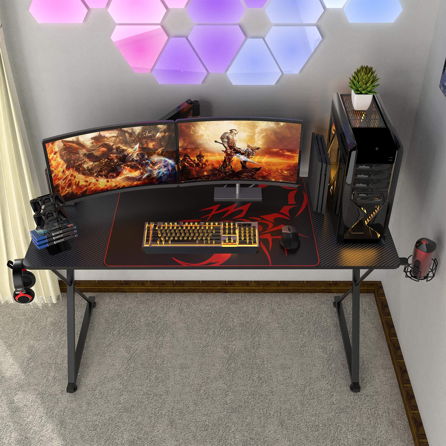DESIGNA 55'' Gaming Desk, X-Shape Computer Desk Small Desk Gamer Workstation with Free Mouse pad, Cup Holder& Headphone Hook & Controller Stand, for Home Office, Black