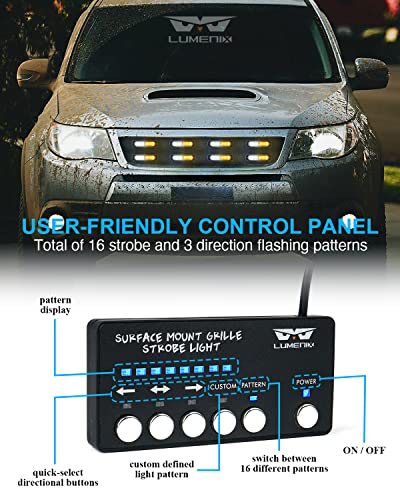 LUMENIX White Green LED Surface Mount Strobe Flashing Lights Kit w/Control Box, 8PCS Grille Side Marker Emergency Warning Caution Light for Vehicles Trucks SUV Cars Vans (Ultra Slim Sync Feature)