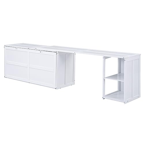 Queen Size Murphy Bed with Rotatable Desk, 3 in 1 Floor Bed Frame with Cabinet & Workstation Murphy Bed Cabinet Bed Murphy Bed Queen Hidden Murphy beds Murphy Cube Cabinet Bed（White）