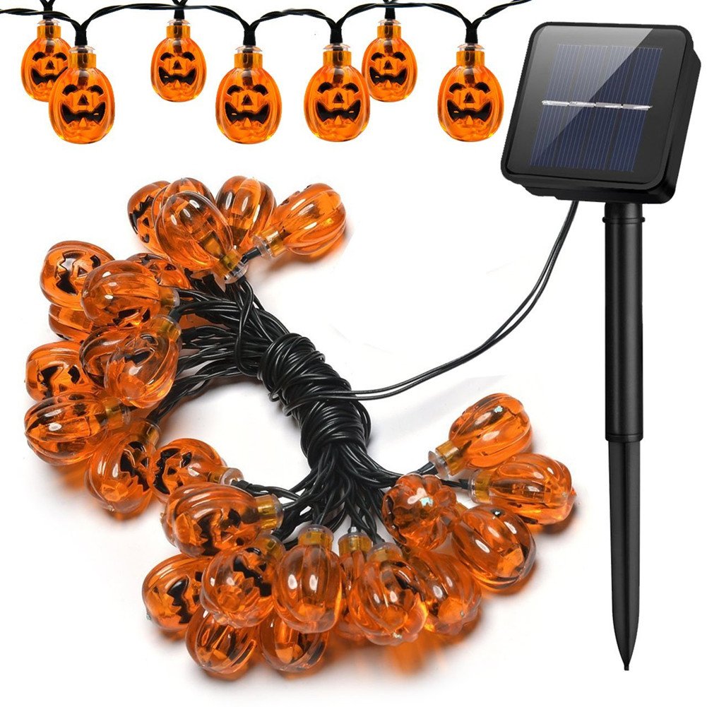 YBB Solar Pumpkin String Lights, Waterproof Halloween Decoration String Lights, 20 LED Lights 8 Modes Jack-O-Lantern for Outdoor, Home, Patio, Garden (5m/16ft- Warm White)