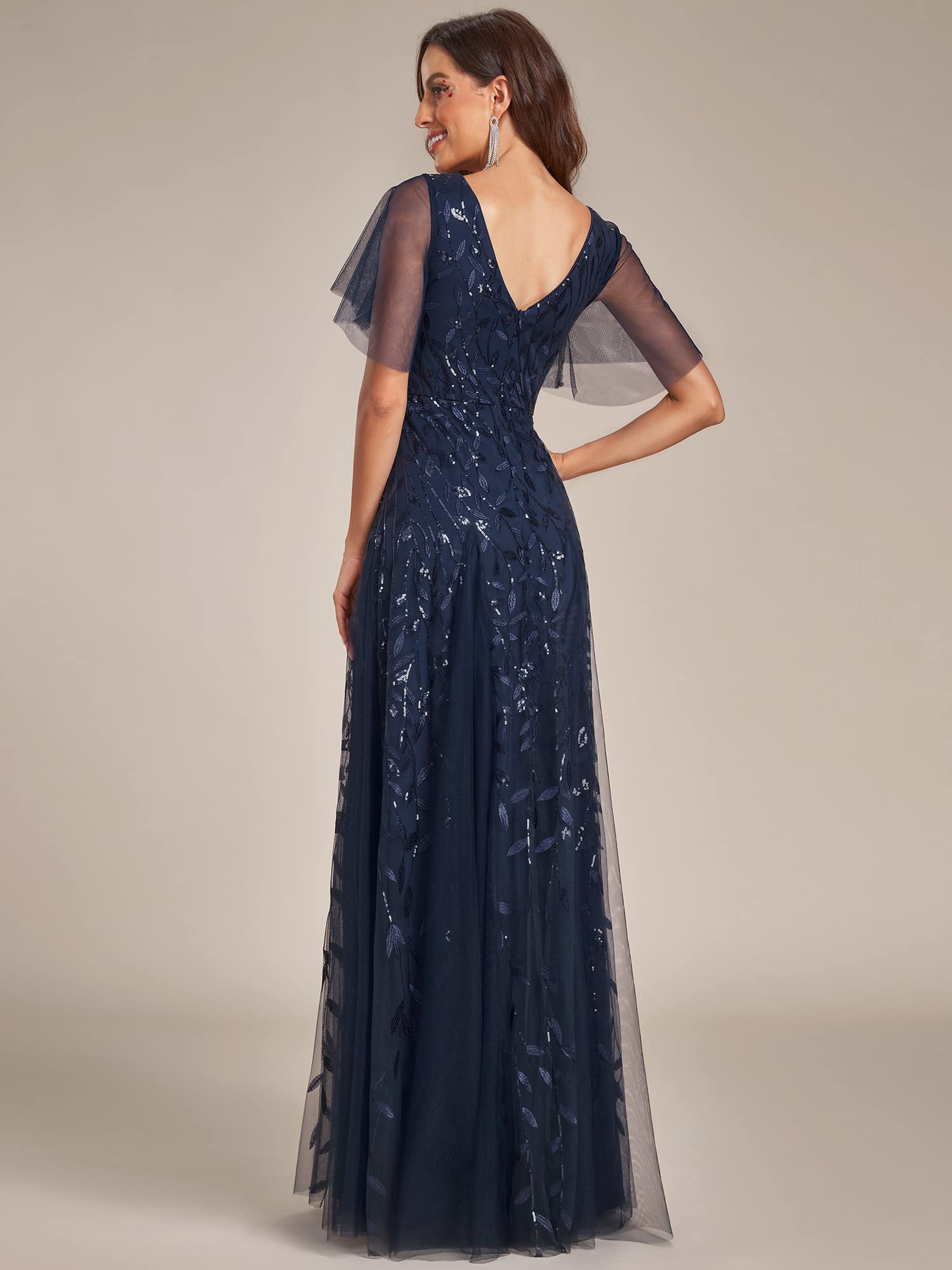 Ever-Pretty Women's Sequin Sparkly V-Neck Short Sleeve Maxi Evening Dress Prom Gowns Navy Blue US10