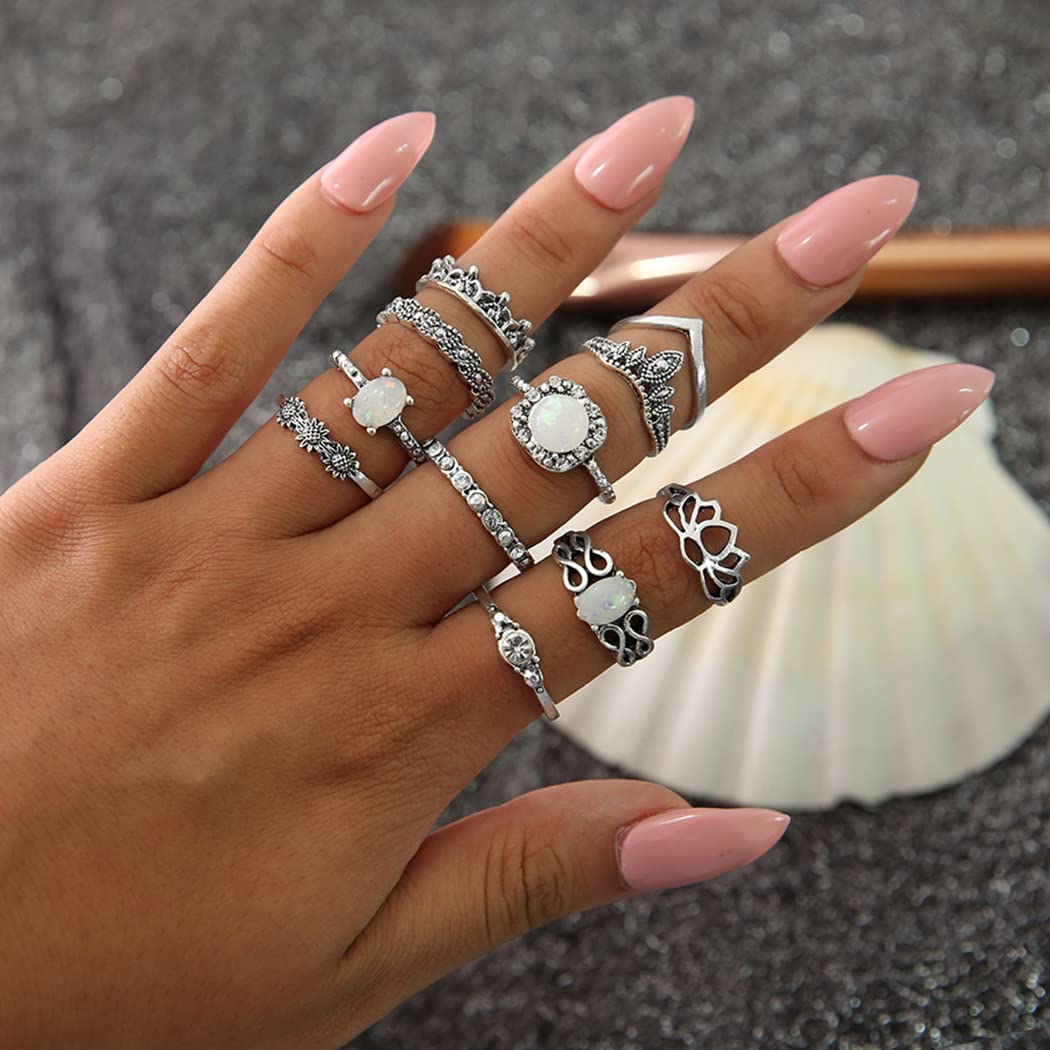 Edary Vintage Rings Set Gemstone Knuckle Rings Carved Stackable Rings Silver Lotus Mid Rings for Women and Girls(11PCS)