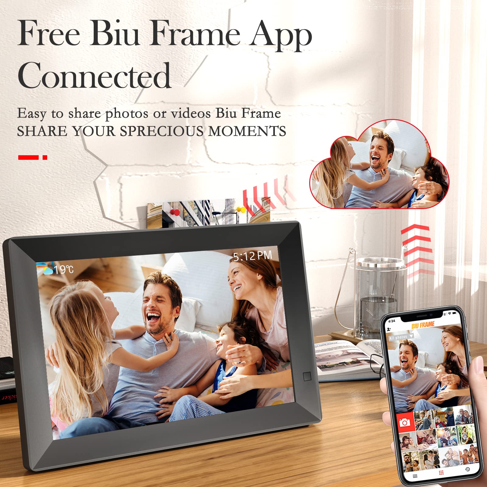 Digital Photo Frame 10.1 Inch, Bestdon Smart WiFi Cloud Digital Picture Frame, IPS Touch Screen, Auto-Rotate, 16GB Storage, Instantly Share Photos or Vedios Via BIU Frame Free App - Black
