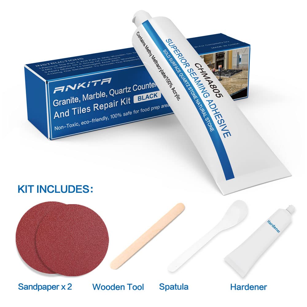 Granite, Marble and Quartz Countertops chip Repair Kit - Fix Nicks, Chips, or Scratches on Granite, Marble Porcelain, corian, Travertine, Quartz and Other Natural Stone and Acrylic Surfaces.(Black)