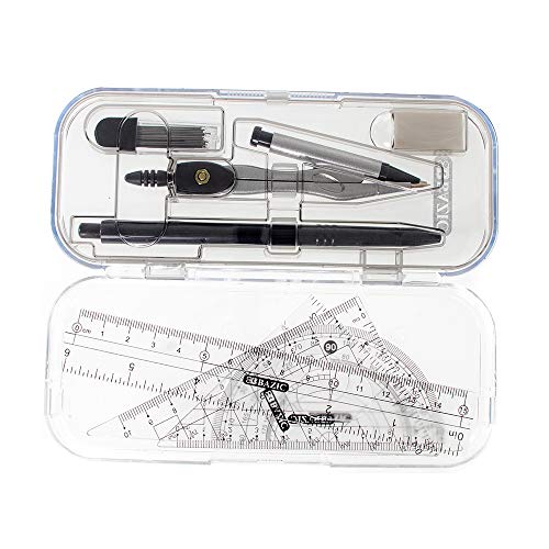 West Coast Paracord 9 Piece Mathematics Tool Set – Straight Ruler, 30/60/90 Triangle Ruler, 45/90 Triangle Ruler, 180 Degree Protractor and More! Clear/Black Includes Sturdy Storage Case