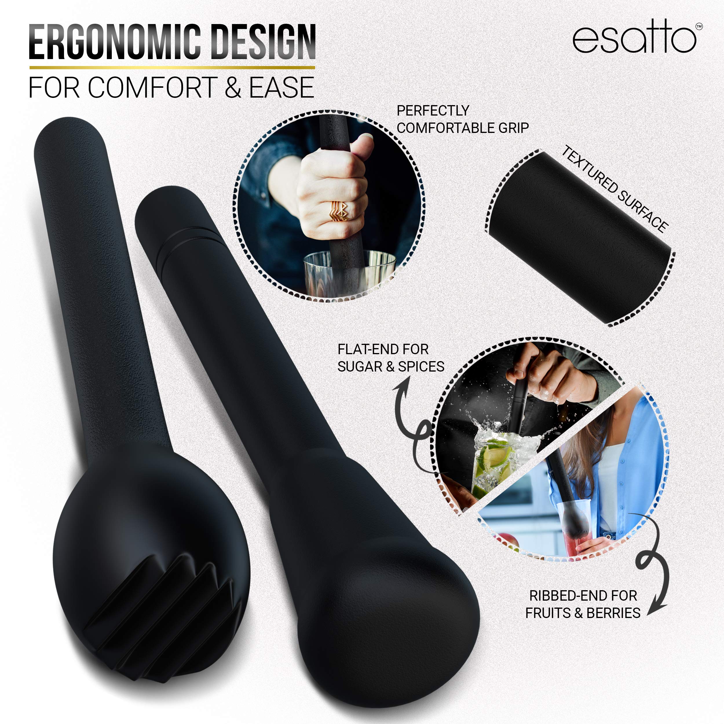 Esatto Professional Bar Tool Muddler 25 CM (9 Inches) Ribbed β Made with ABS Plastic, Black Set of 2 β Durable and Ribbed for Mashing Fruits, Berries, Sugar, Spices, and Herbs