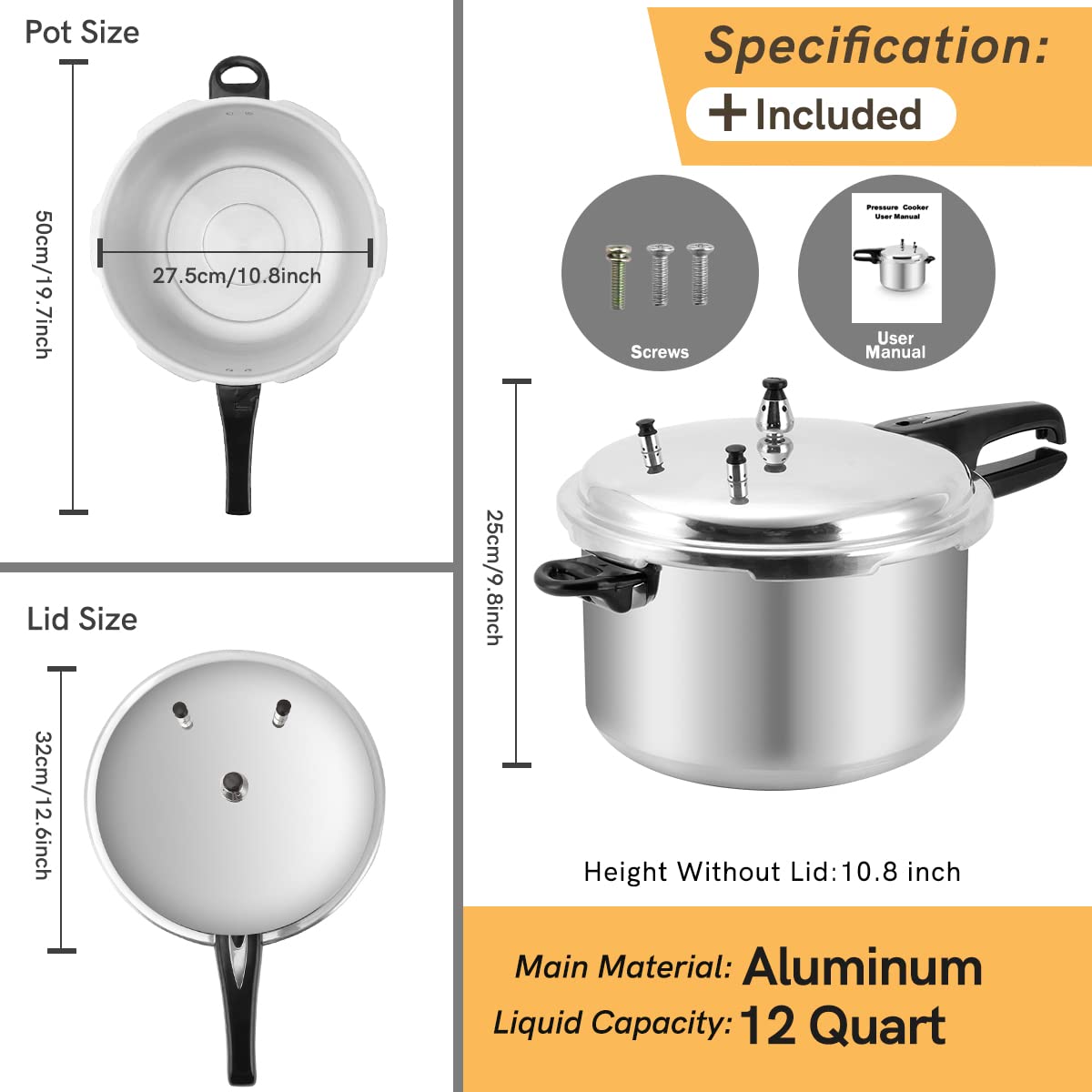 Fulgutonit 12 Quart Pressure Cooker,Aluminum Pressure Canner w/Canning Rack & Easy Lock Lid for Canning, Steaming