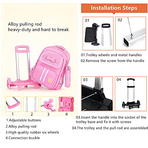 MITOWERMI Rolling Backpack for Girls Cute Trolley Bags Primary School Bookbags with Wheels Kids Carry-On Wheeled Backpack with Lunch Bag