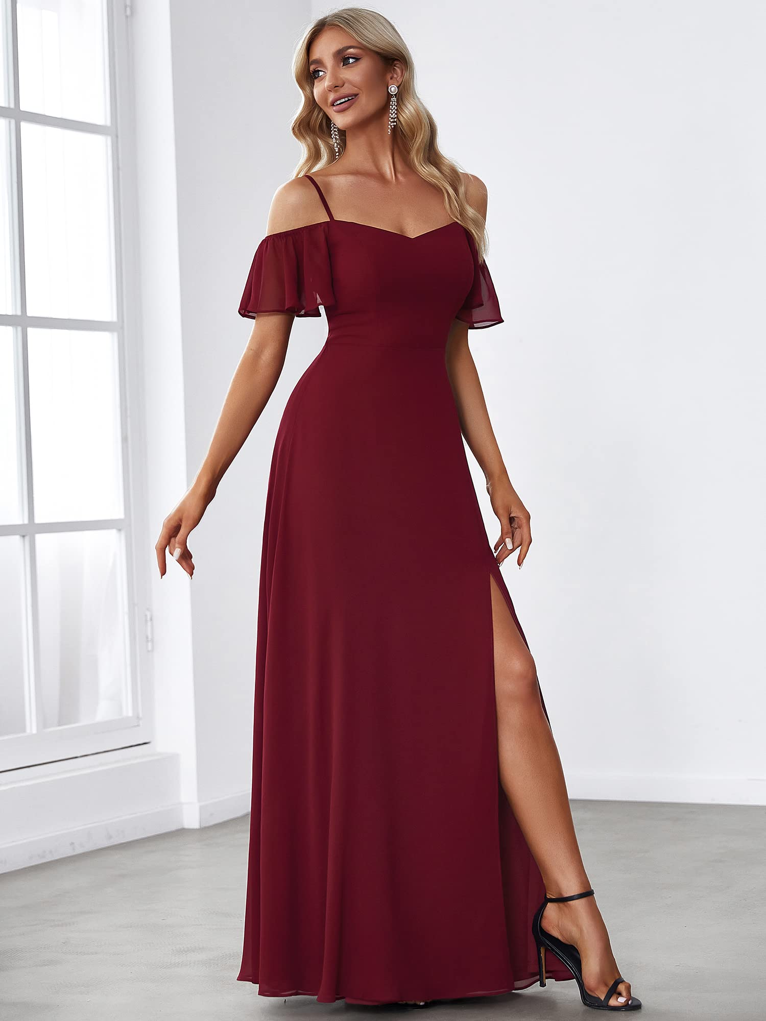 Ever-Pretty Women's Formal Dresses Off Shoulder Short Sleeve Split A-Line Floor Length Bridesmaid Dresses Burgundy US20