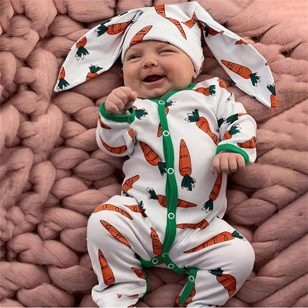 Infant Baby Boy Girl Romper Bodysuit Bunny Outfit Cartoon Carrot Print Jumpsuit+Rabbit Ears Hat 3-24 Months