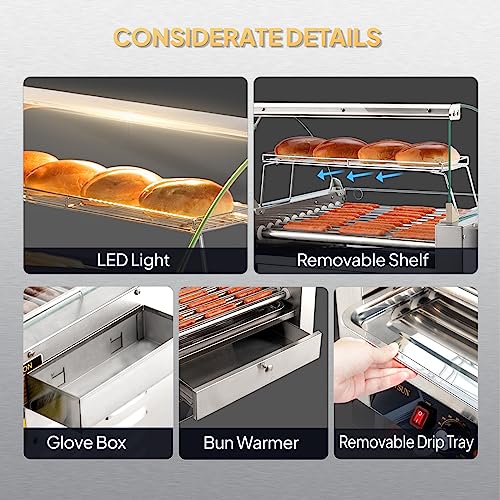 ROVSUN Hot Dog Roller Warmer 2000W, 11 Rollers 30 Hot Dog Roller Grill Cooker Machine w/Bun Warmer, Cover, Dual Temp Control, LED Light, Removable Shelf & Drip Tray for Party Home Commercial