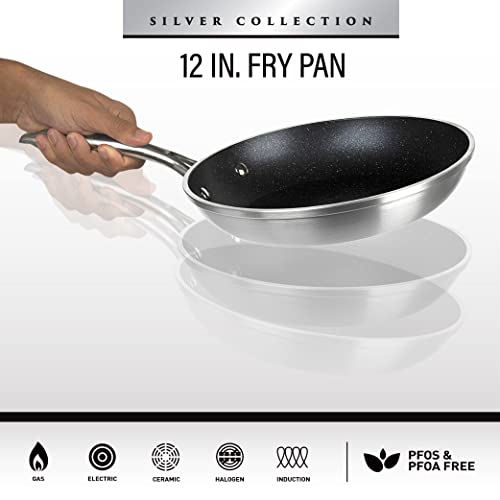 Granitestone Nonstick 12" Fry Pan-Hard Anodized Aluminum-Ultra Durable Coating with Brushed Exterior Silver-100% PFOA Free-Dishwasher & Oven Safe