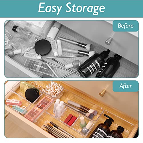 QUEFE 25 PCS Drawer Organizer Set, 4-Size Clear Plastic Drawer Organizers Trays Bathroom Organizers Dresser Storage Bins Separation Box for Makeup, Jewelries, Gadgets, Bathroom, Office, Bedroom
